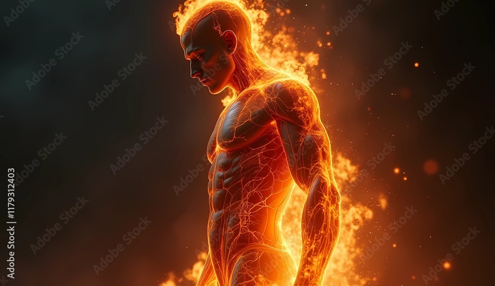 digital painting illustration of human body and its tissues burning in ...