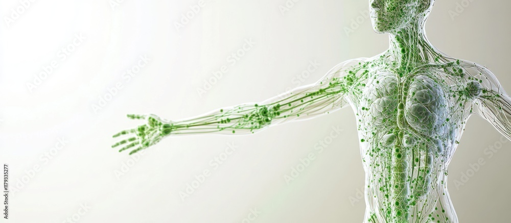 Human lymphatic system anatomy, 3D medical illustration showing green ...