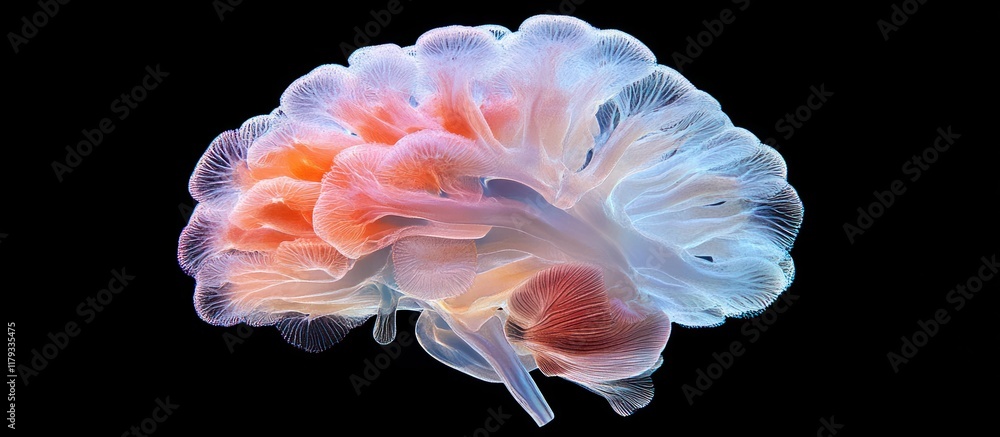 Translucent human brain, detailed 3D anatomical model with color-coded ...