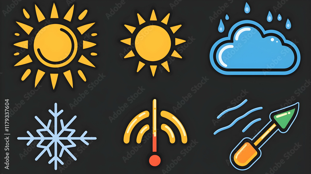 Colorful weather icons; sun, rain, snow, wind, temperature; dark ...