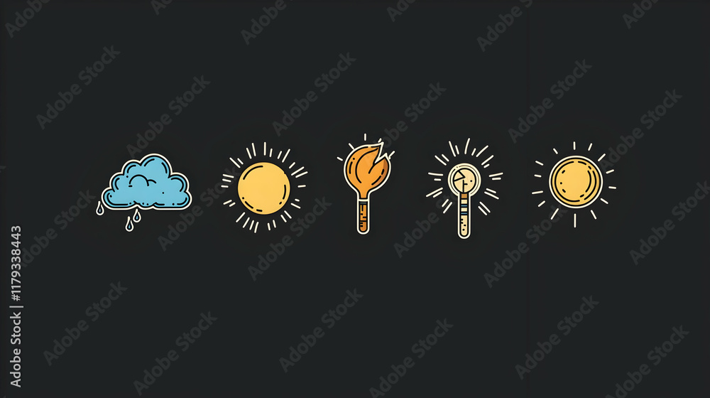 Weather icons; rain, sun, fire, thermometer, clear sky; dark background ...