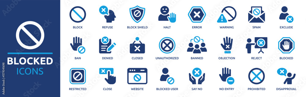 Blocked icon set. Containing forbidden sign, prohibited, banned, error ...