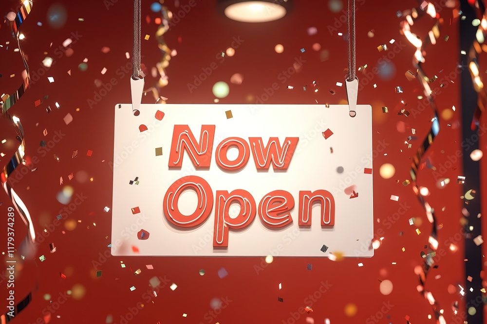 "Now Open" white sign on red background with glittering confetti and ...