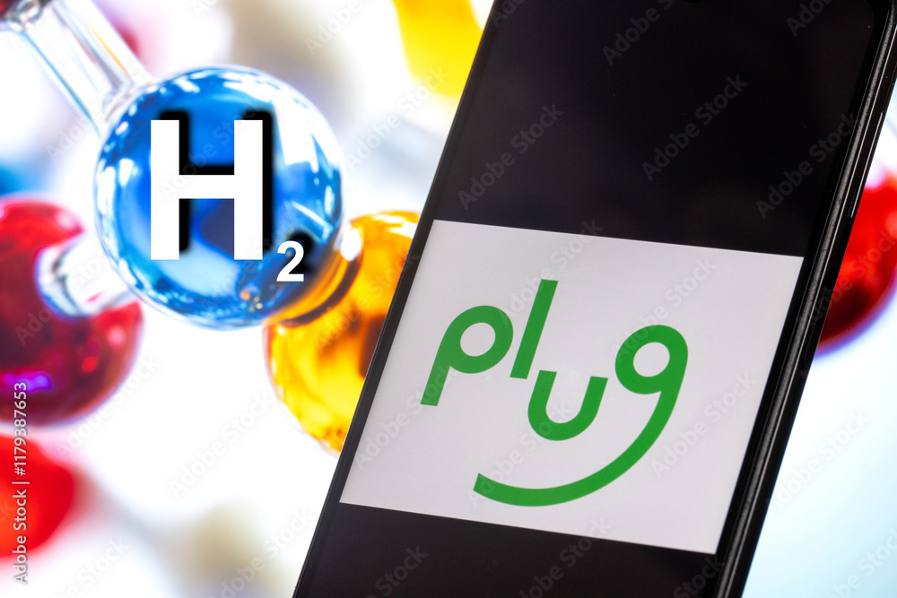 Plug Power Inc. logo is displayed on the phone, with H2 molecules shown ...