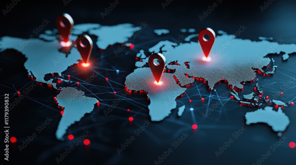 Hacking disruption. Digital world map with location pins and network ...