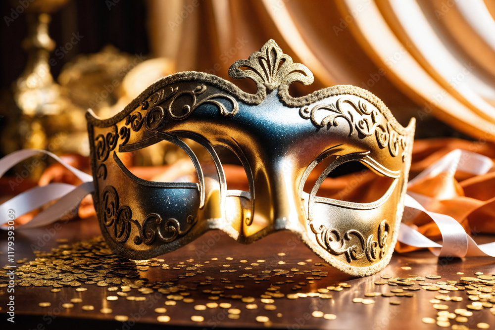 Traditional female carnival venetian mask on the table. Masquerade mask ...