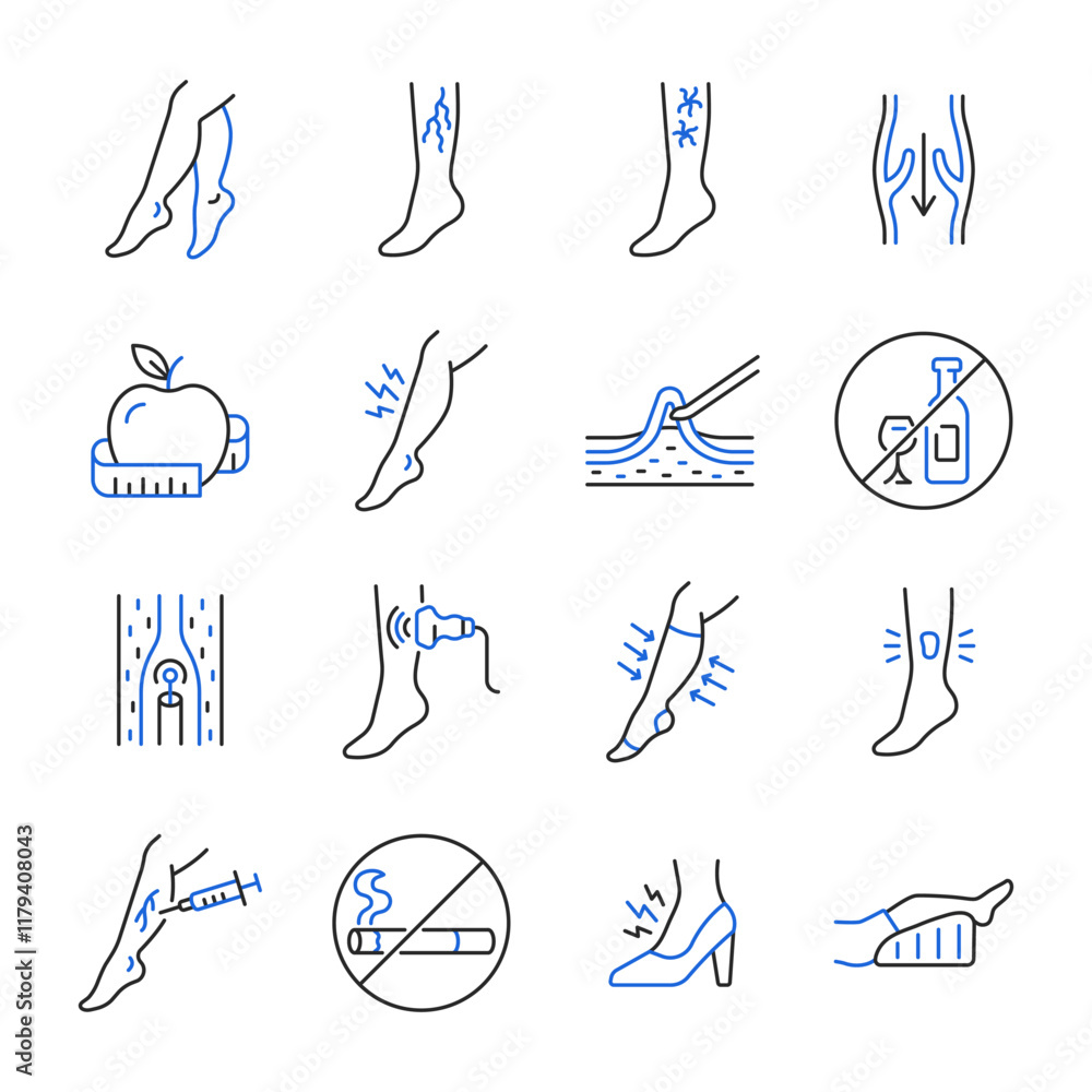 Vector de Stock Varicose veins line color icon set. Leg veins ...
