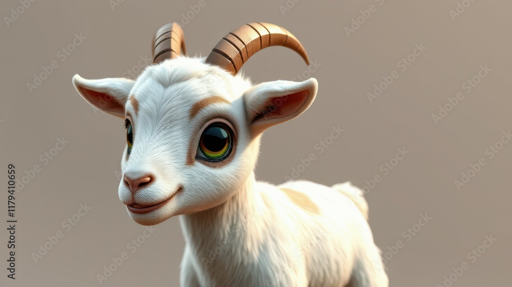 Cute animated goat character with large eyes and playful expression in ...