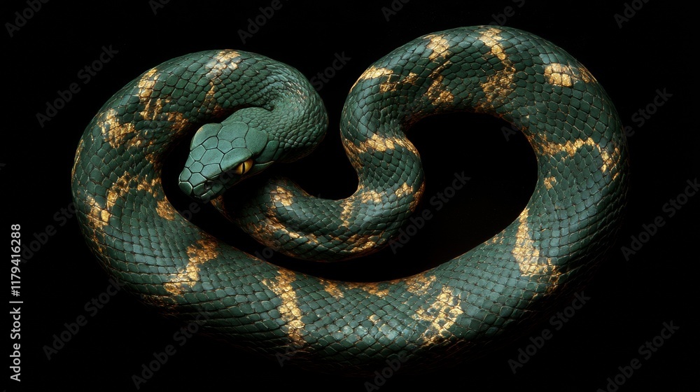 Green-skinned viper snake with golden highlights, part of a striking ...