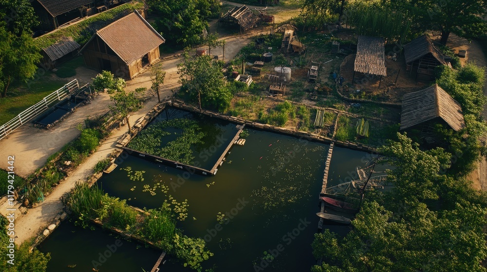 family-run carp farm with small ponds, feeding stations, and a simple ...