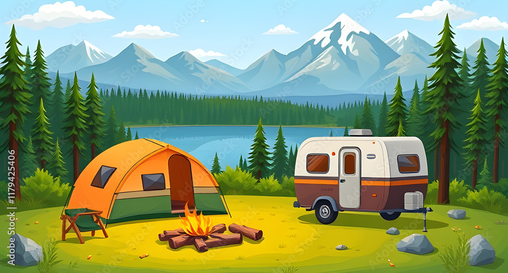 Cartoon camping. Summer nature scene with trailer tent and bonfire ...