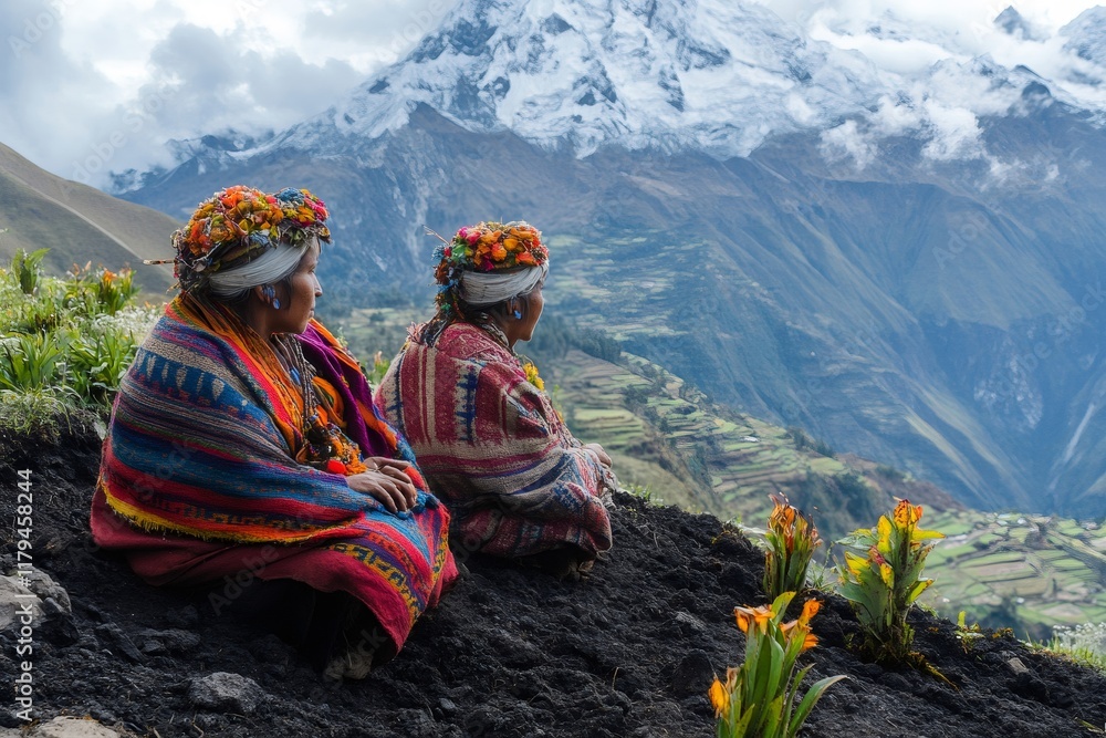 Indigenous quechua women admiring the andean landscape in peru Stock ...