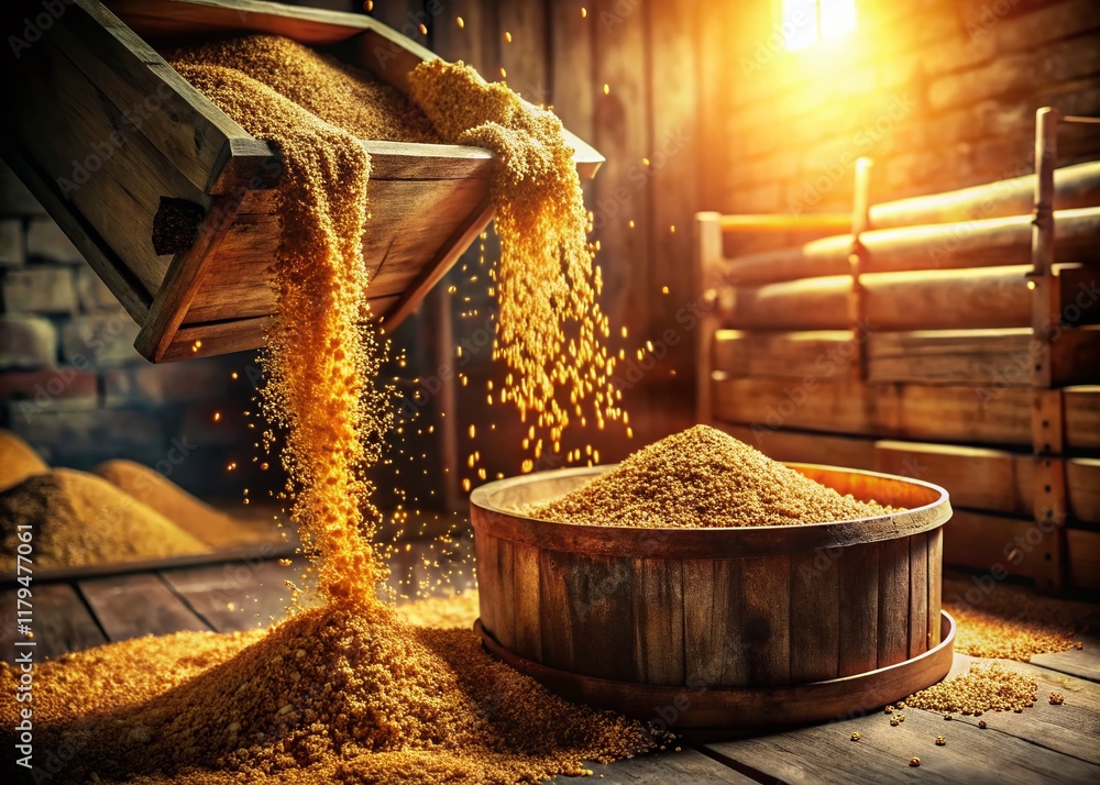 Double Exposure: Grain Mill Pouring Freshly Ground Grains into Bin ...