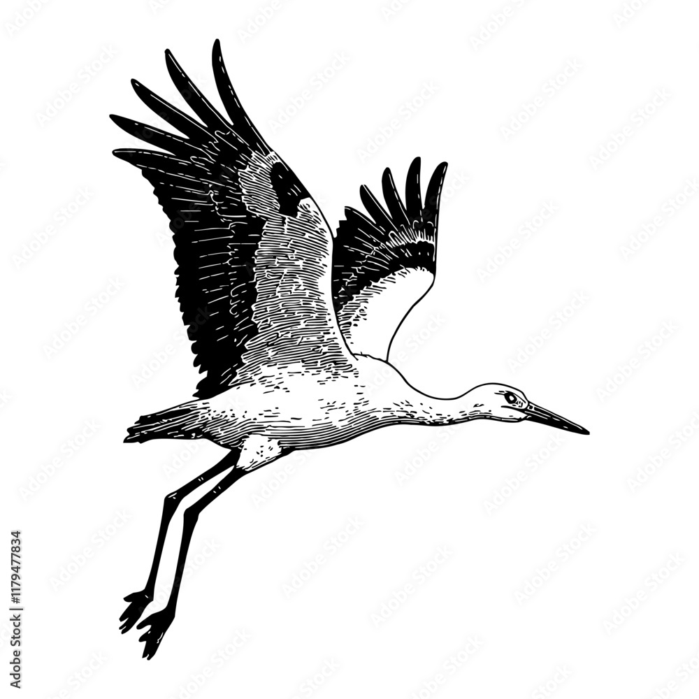 Stork Flying Bird Detailed Black and White Outline Line Art Drawing ...