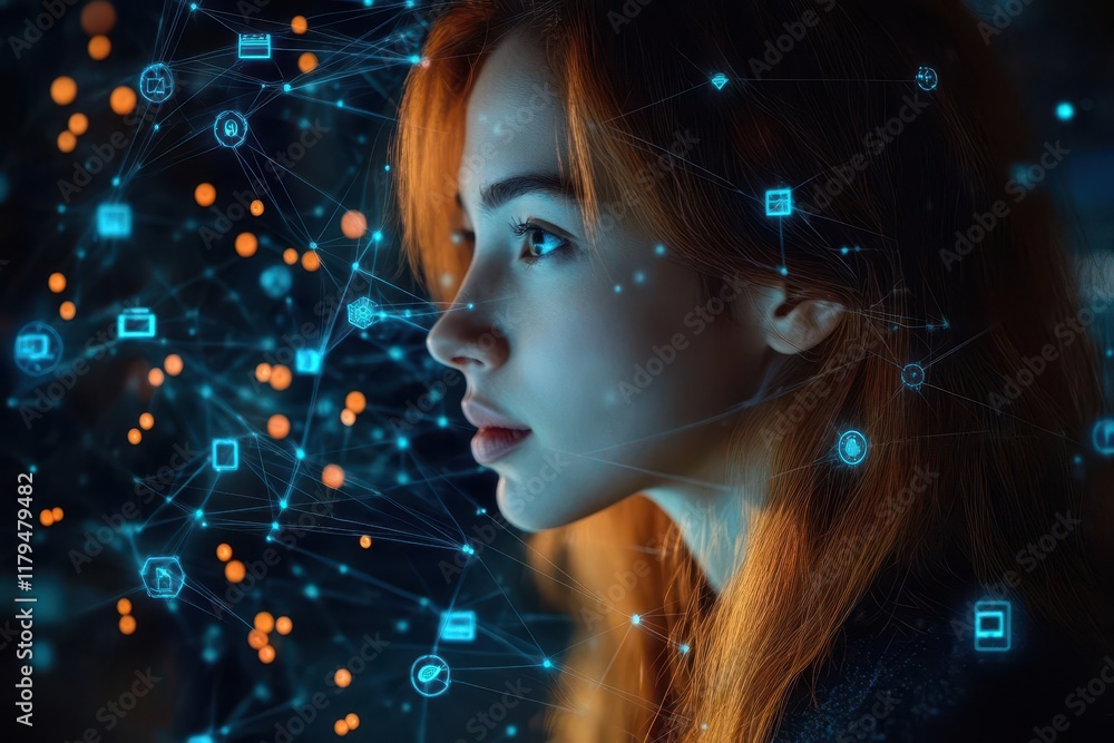 Digital Transformation Business Concept Professional Woman Using Smart Devices With Floating Iot