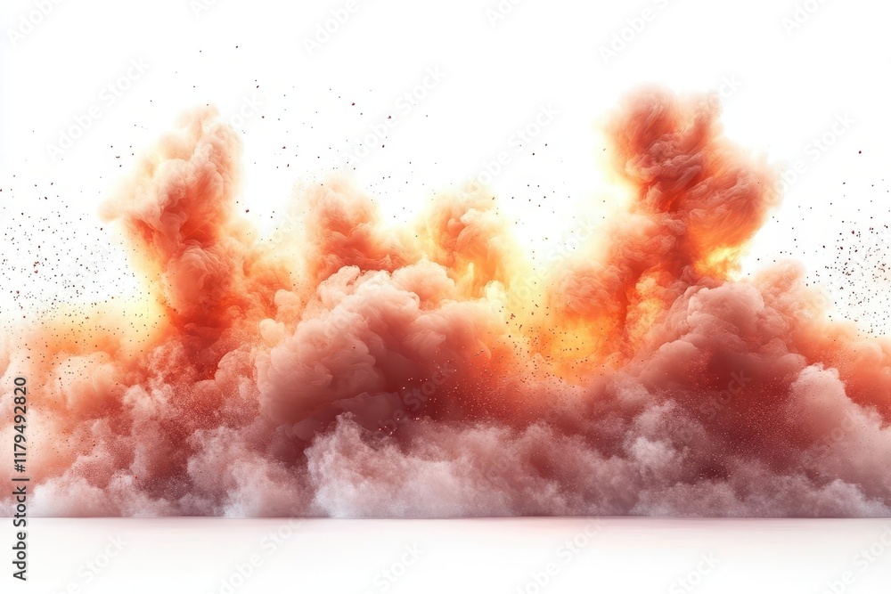 dynamic explosion effect border with detailed smoke and fire elements isolated on pure white ...