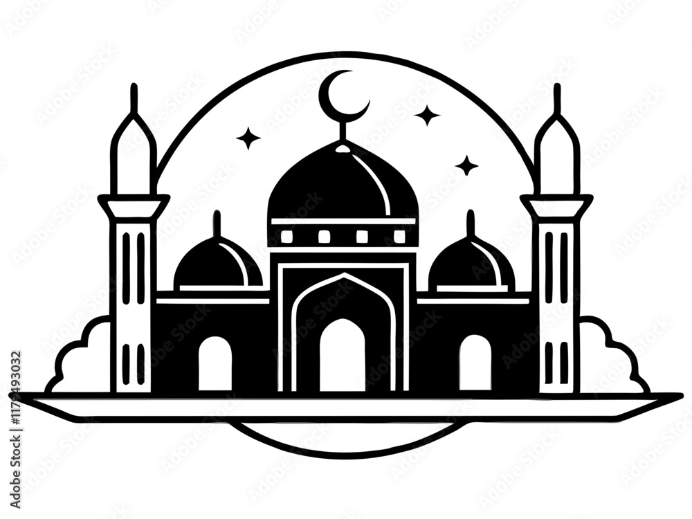 Minimalist mosque illustration, geometric shapes, domes and minarets ...