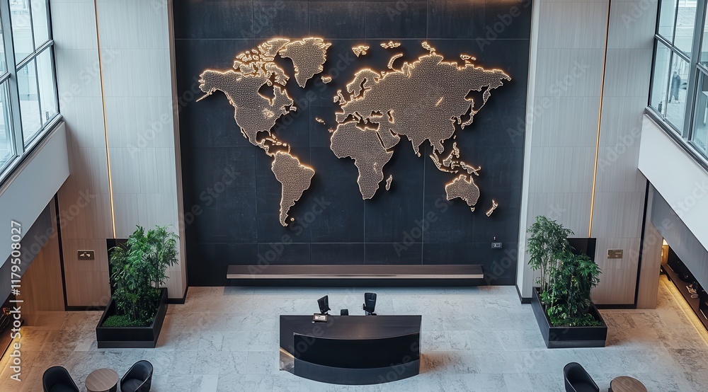 A large wall map of the world is lit up with lights. The room is a ...