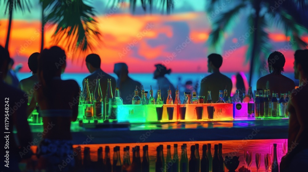 Crowded night beach party in a beach bar. Variety of cocktails at bar ...