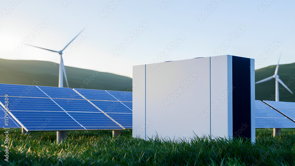 Hydrogen fuel cells and solar panels in an industrial setup, framed by ...
