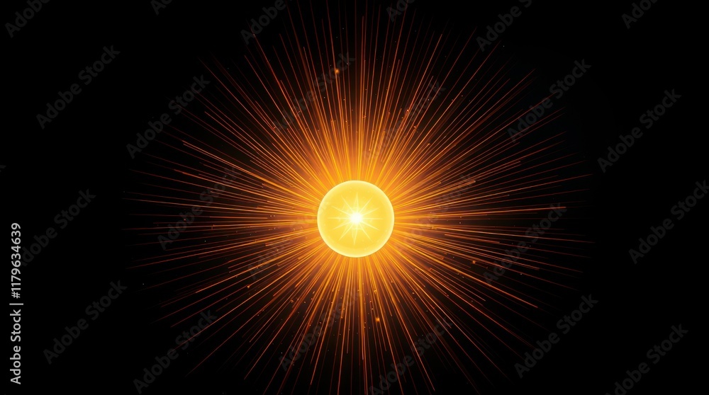 Esoteric sun with radiant light rays in orange and yellow hues on black ...