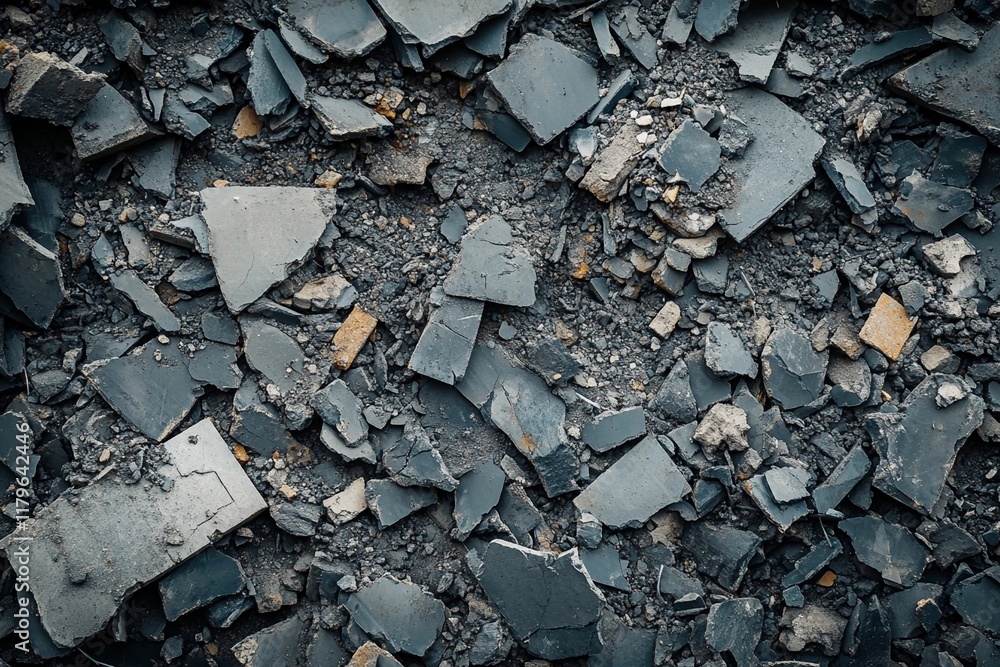 Pieces of broken slate stones fill the ground, showcasing varied shapes ...