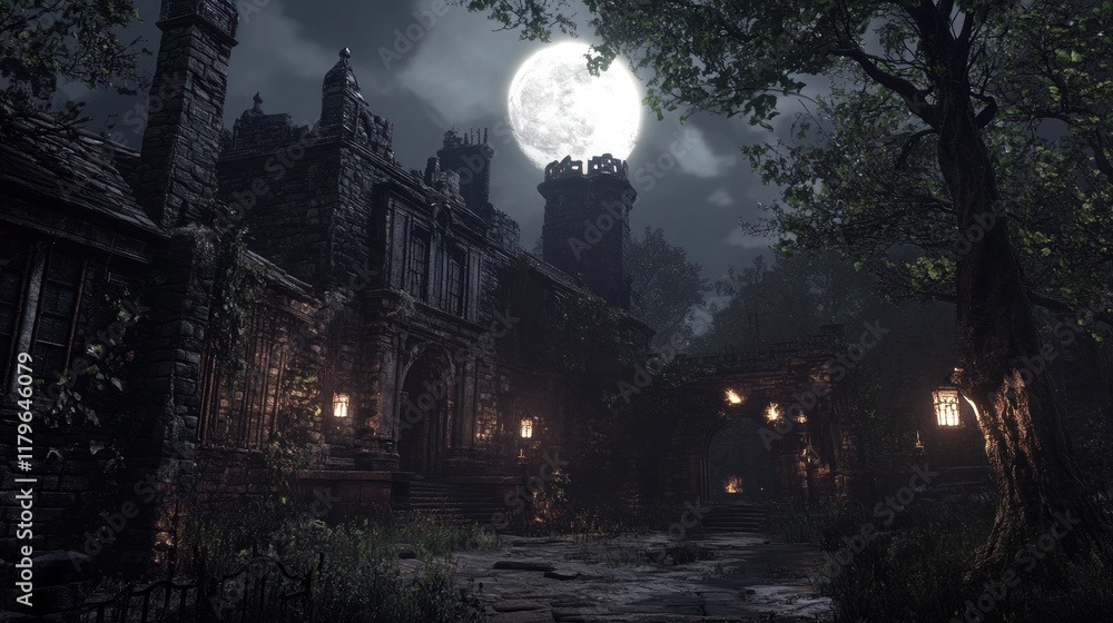 Ancient stone manor at night under a full moon. Mysterious, overgrown ...