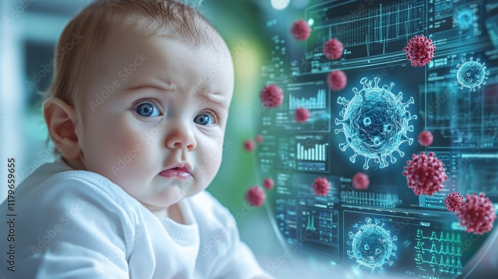 Concerned baby with virtual virus graphics suggesting health concerns ...