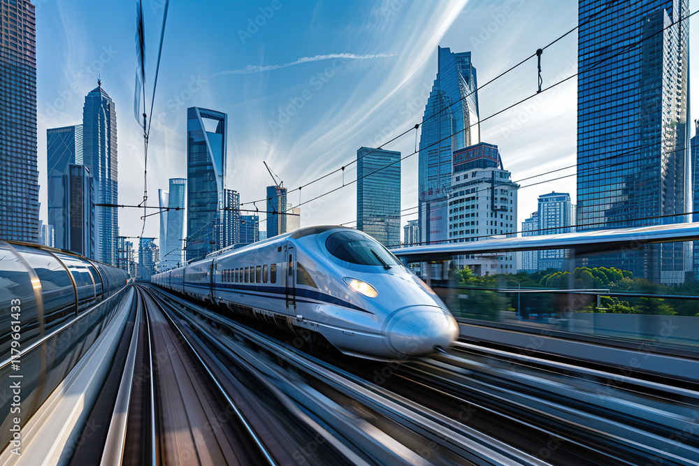 Modern big high-speed train in fast motion passes through railway ...