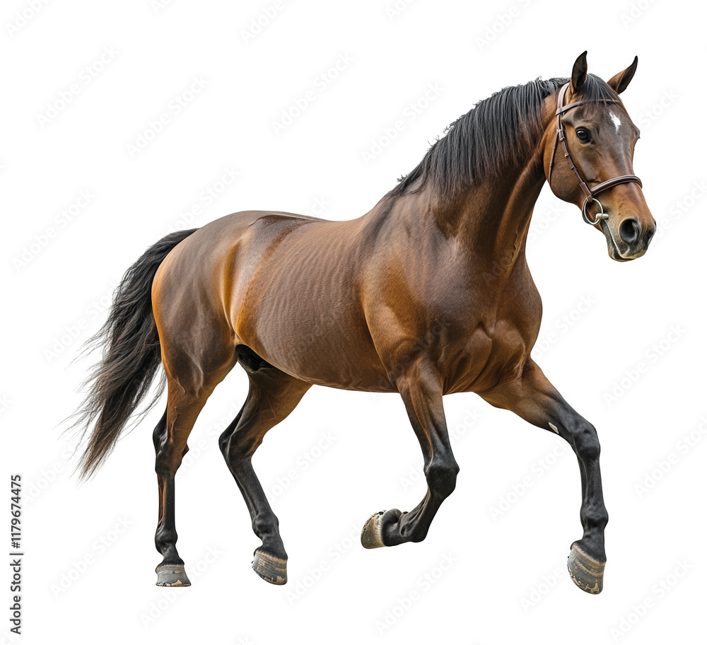 Dynamic brown horse trotting on animal cutout studio environment high ...