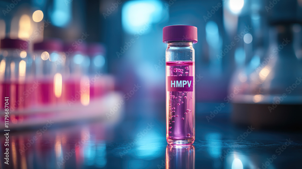 A test tube labeled HMPV in a laboratory setting, showcasing ongoing ...