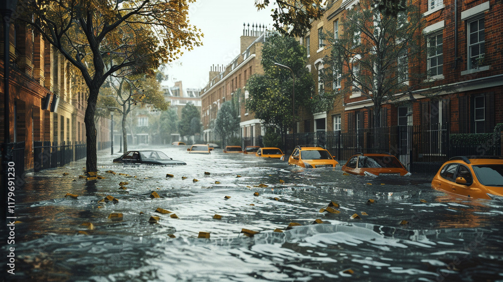 A flooded city street with cars partially submerged in water ...