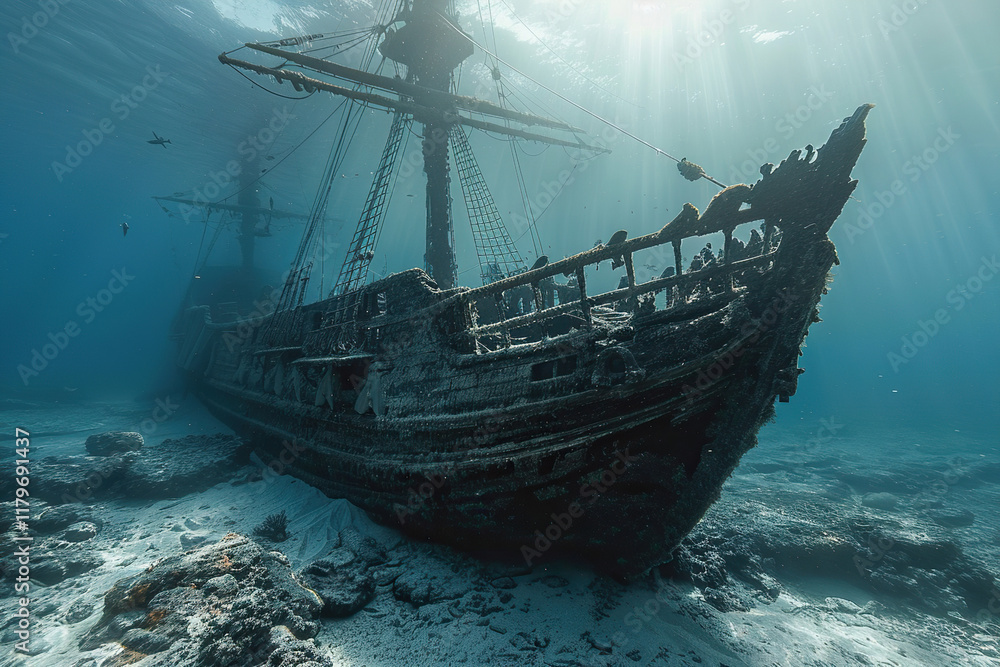 Underwater view of an old sunken ship on seabed with fish swimming ...