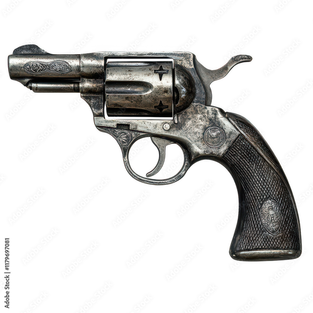 An old silver revolver on transparent background. Vintage silver ...