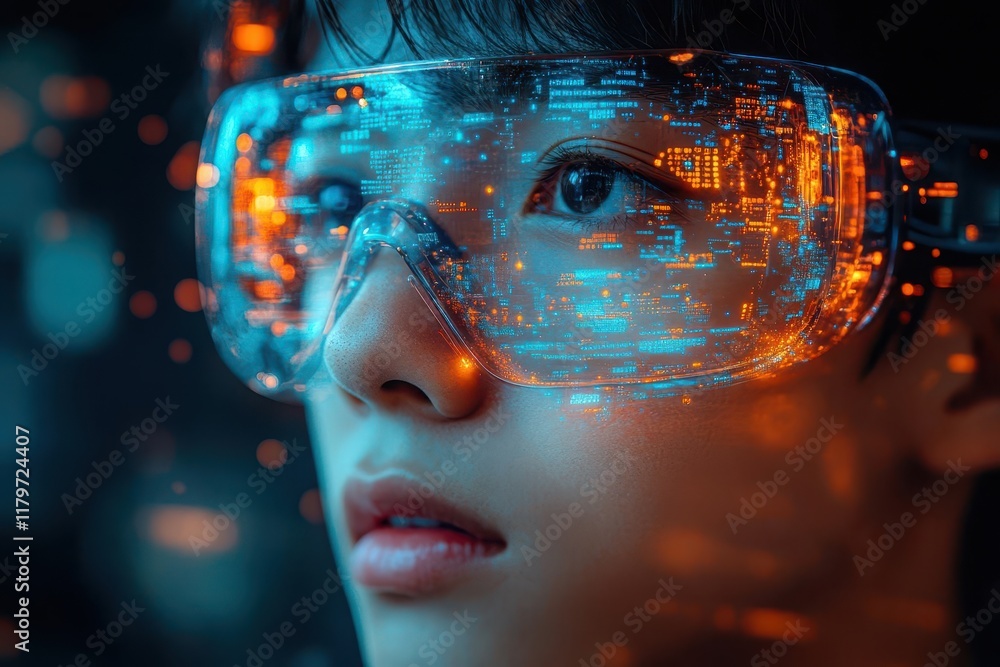 virtual reality portrait of young man with digital overlay effects ...