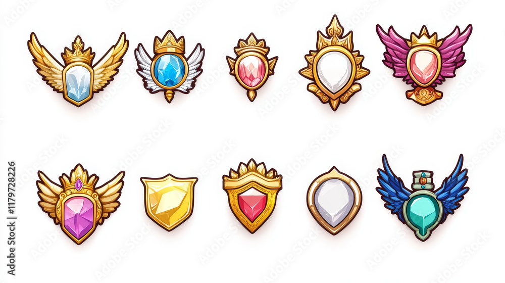 Game level icons, silver medals, stars, ui badges with wings, laurel ...