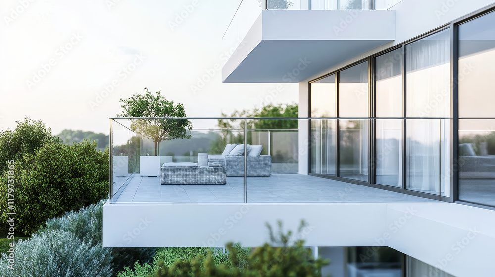 Isolated 3d glass balcony with fence and rail. Realistic building ...