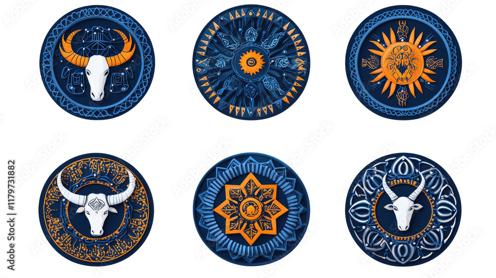 Colorful Zodiac Symbols with Decorative Patterns Featuring Bull and Sun ...