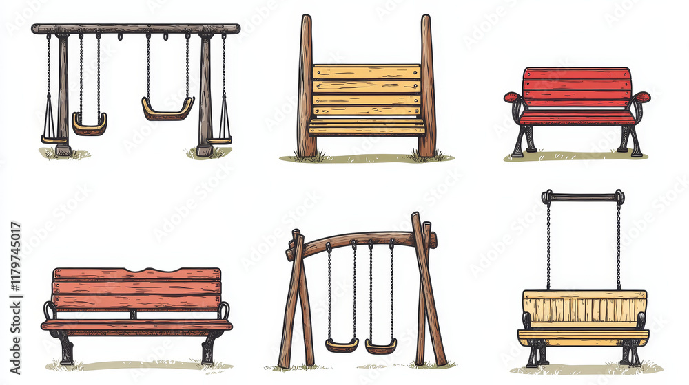 Park decorations 2D linear cartoon objects set. Recreational outdoor ...