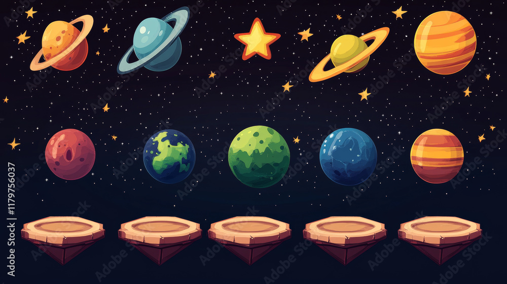Space game level background with platforms. Vector cartoon illustration ...