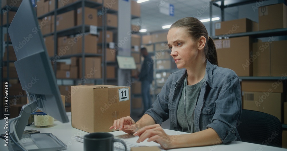 Logistics distribution center: Female post office employee scans ...