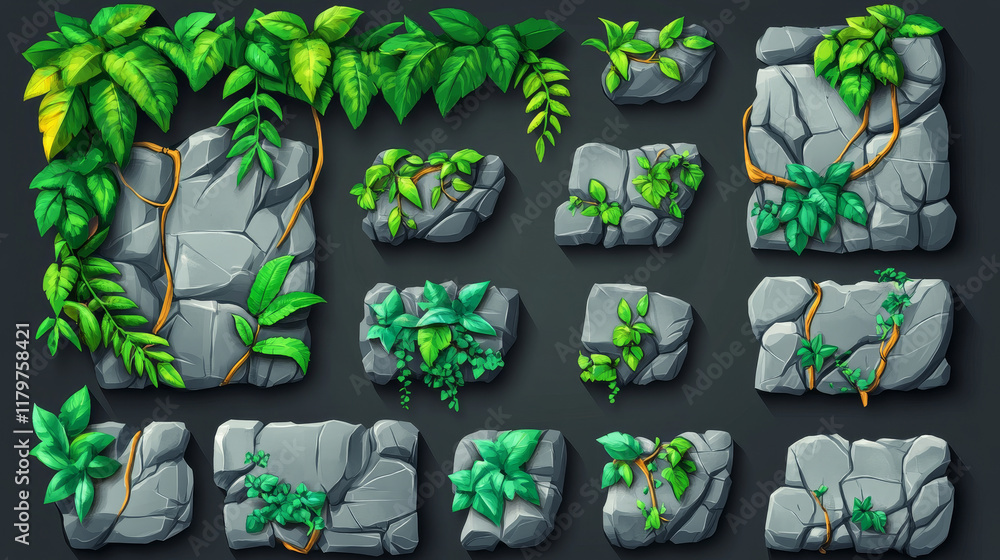 Jungle game stone ui frame cartoon vector icon. Forest leaf and liana on rock progress bar. Menu ...