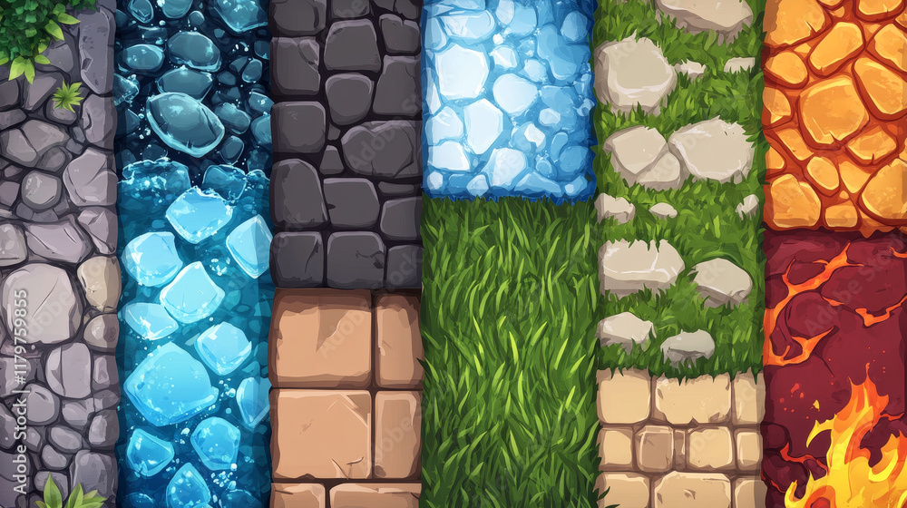 Isometric ground tiles with grass, stone, water, ice, and lava texture ...
