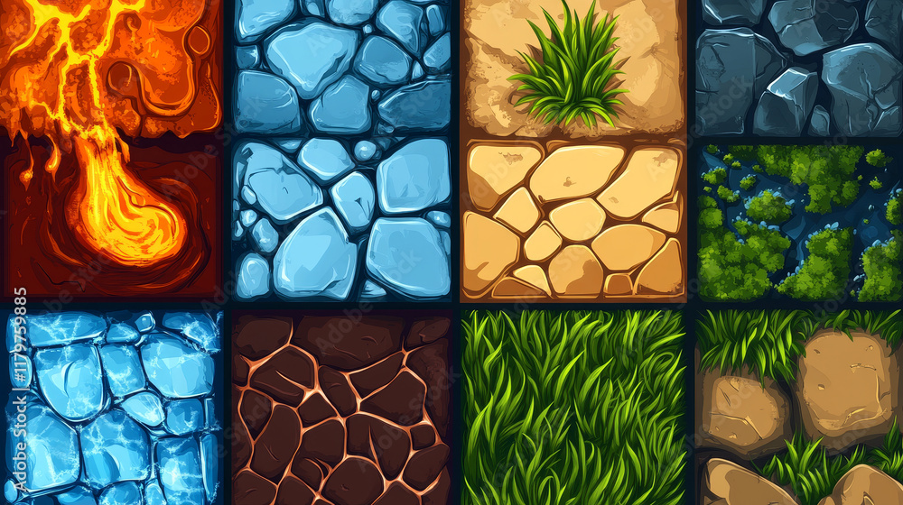 Isometric ground tiles with grass, stone, water, ice, and lava texture ...