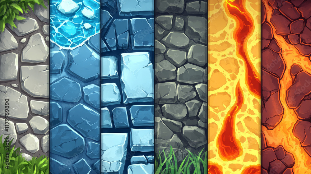 Isometric ground tiles with grass, stone, water, ice, and lava texture ...