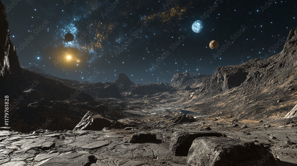 Space background with planet landscape, stars, satellites and alien ...