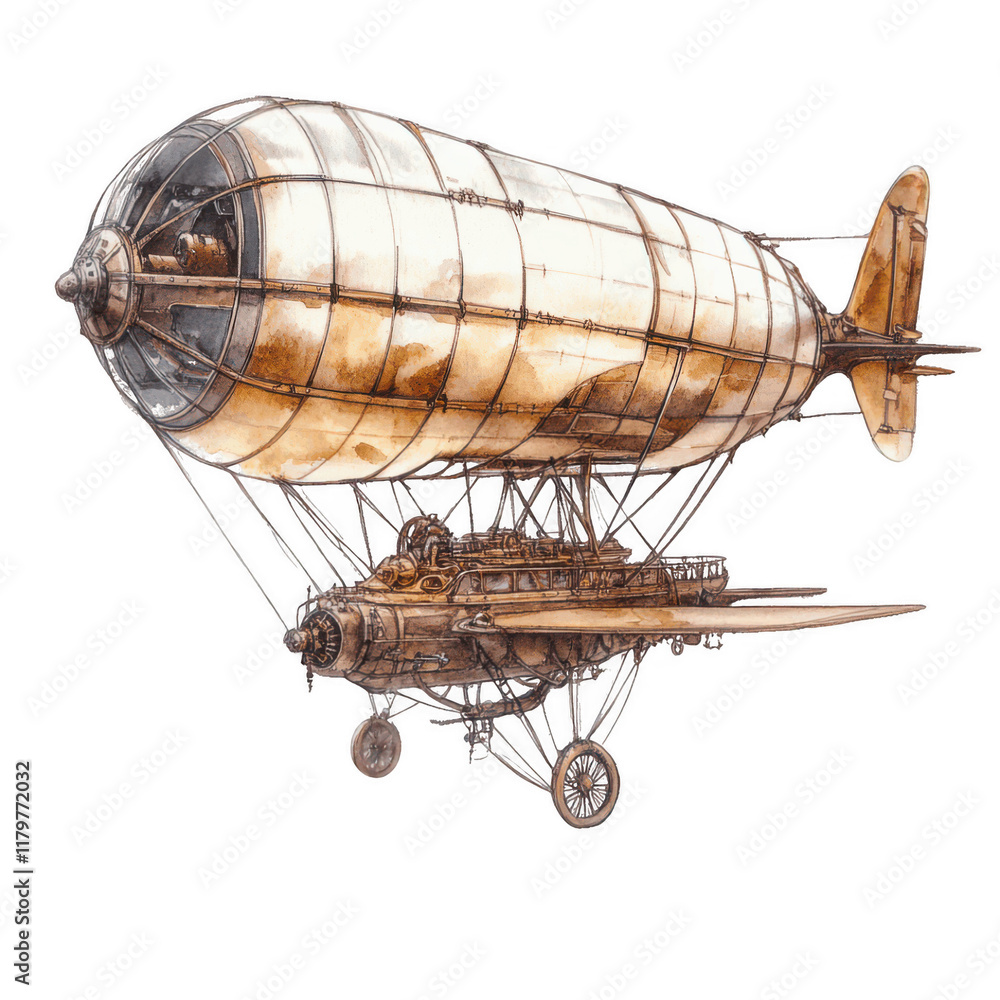 Watercolor Drawing of a Fantastic Airship: A vibrant watercolor ...