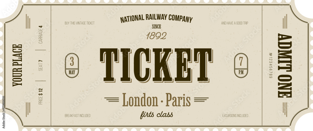 Vintage ticket template on light background with gold accents and ...