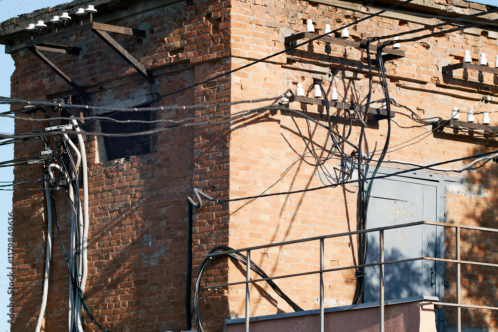 Brick building with tangled electrical wires, cables, and industrial ...