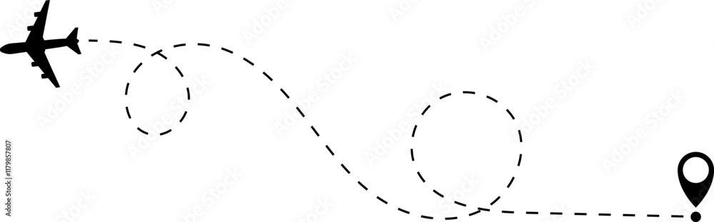 Airplane line path vector icon of air plane flight route with start ...